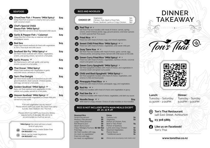 Takeaway Dinner - Ton's Thai Restaurant